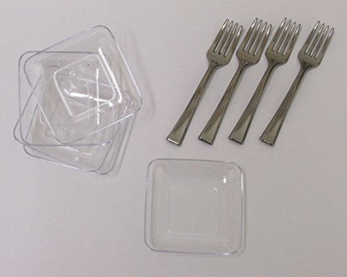 40 2.5" Mini Square Dessert Plates And 50 4" Mini Silver Tasting Forks. 90 Piece Tasting Sampling Dessert Appetizer Set. Disposable Plastic Hors D'oeuvres Combo Set.