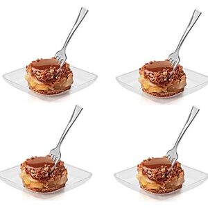 40 2.5" Mini Square Dessert Plates And 50 4" Mini Silver Tasting Forks. 90 Piece Tasting Sampling Dessert Appetizer Set. Disposable Plastic Hors D'oeuvres Combo Set.