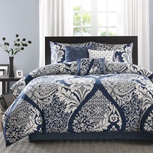 madison park vienna sateen cotton comforter set, breathable, soft cover, trendy, all season down alternative cozy bedding with matching shams, king, indigo 7 piece