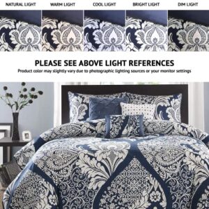 Madison Park Vienna Sateen Cotton Comforter Set, Breathable, Soft Cover, Trendy, All Season Down Alternative Cozy Bedding with Matching Shams, King, Indigo 7 Piece