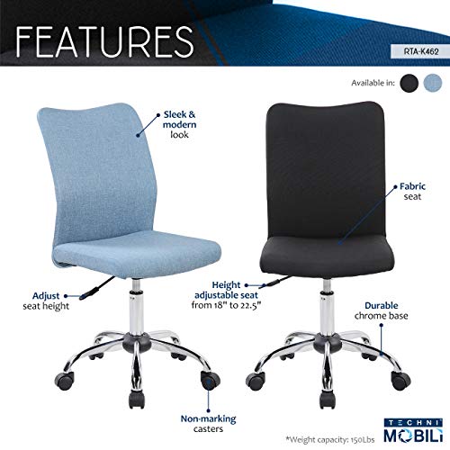 Techni Mobili Modern Office Chair with Height Adjustment, Technical Executive Task Chair with Non Marking Caster Wheels, Blue