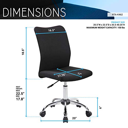 Techni Mobili Modern Office Chair with Height Adjustment, Technical Executive Task Chair with Non Marking Caster Wheels, Blue