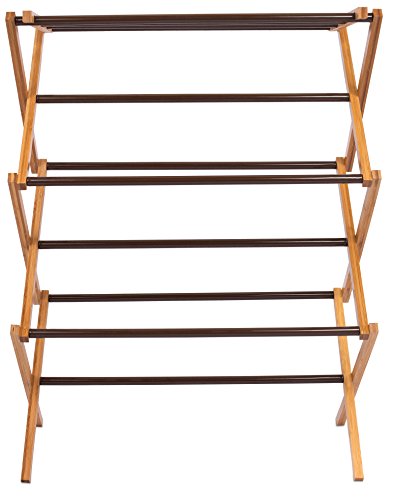 BIRDROCK HOME Folding Steel Clothes Drying Rack - 3 Tier - Water-Resistant Bamboo Wood - Fully Assembled Collapsible Dry Rack - Walnut (Brown)