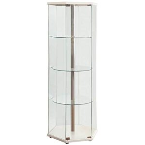 bowery hill hexagonal round corner 4 shelf glass curio cabinet display case in white and chrome