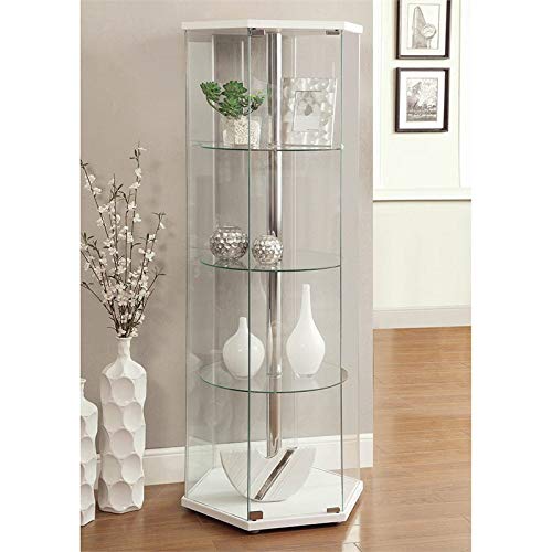 BOWERY HILL Hexagonal Round Corner 4 Shelf Glass Curio Cabinet Display Case in White and Chrome