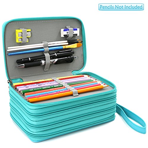 YOUSHARES 72 Slots Pencil Case - PU Leather Handy Multi-layer Large Zipper Pen Bag with Handle Strap for Colored / Watercolor Pencil (Turquoise)