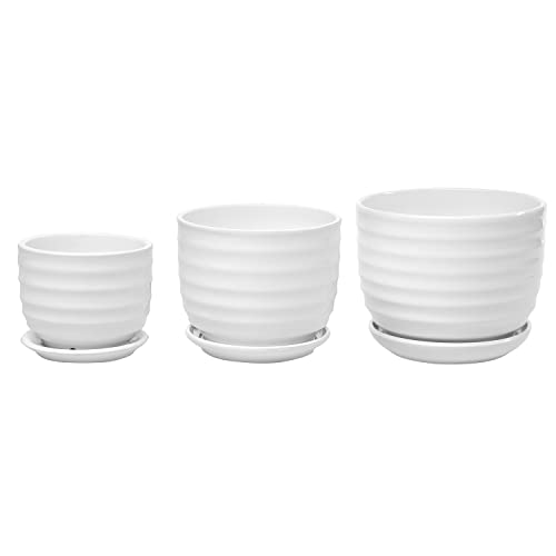 MyGift Modern Ribbed White Ceramic Indoor Plant Pot with Drainage Hole and Attached Saucer, Small Succulent Planter, Set of 3