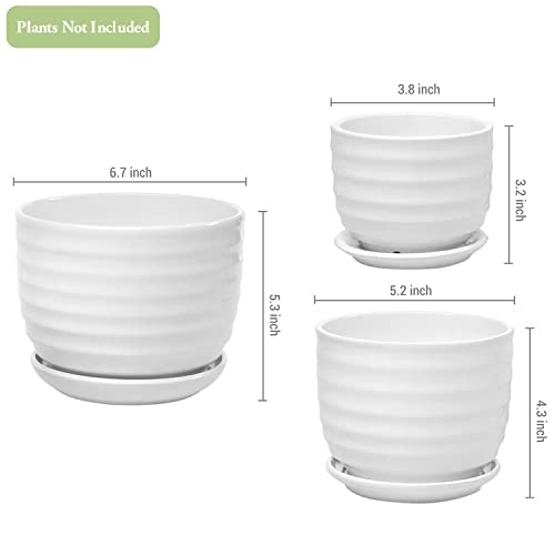 MyGift Modern Ribbed White Ceramic Indoor Plant Pot with Drainage Hole and Attached Saucer, Small Succulent Planter, Set of 3