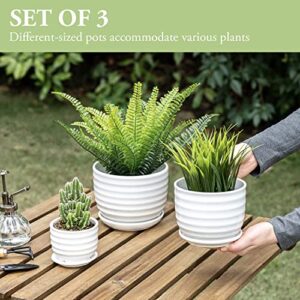 MyGift Modern Ribbed White Ceramic Indoor Plant Pot with Drainage Hole and Attached Saucer, Small Succulent Planter, Set of 3