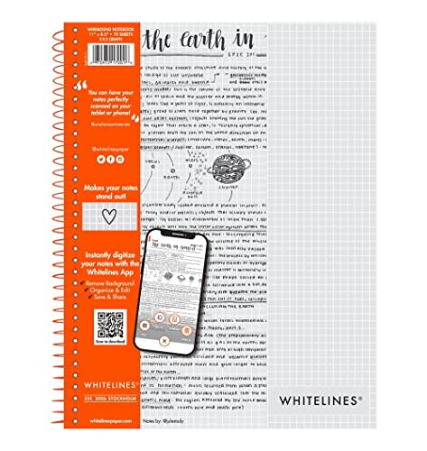 ROARING SPRING Whitelines Spiral Graph Ruled Notebook, Digitally Download Your Notes with FREE App, Premium Gray Paper, 11" x 8.5" 70 Sheets