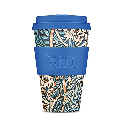 Reusable Coffee Cups with Lids, Natural Fiber Coffee Mug and Travel Cup, Food-Grade Coffee Travel Mug, 14oz, William Morris Lily- Ecoffee Cup