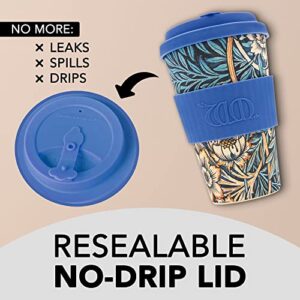 Reusable Coffee Cups with Lids, Natural Fiber Coffee Mug and Travel Cup, Food-Grade Coffee Travel Mug, 14oz, William Morris Lily- Ecoffee Cup