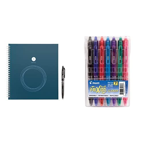 Rocketbook Wave Smart Notebook and Pilot FriXion Clicker Retractable Erasable Gel Pens, Fine Point, Assorted Color Inks, 7-Pack (31472) Bundle