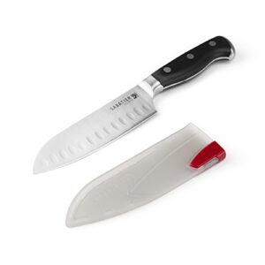 sabatier forged triple-rivet santoku knife with self-sharpening blade cover, high-carbon stainless steel knife, razor-sharp kitchen knife to cut fruit, vegetables and more- 5-inch, black