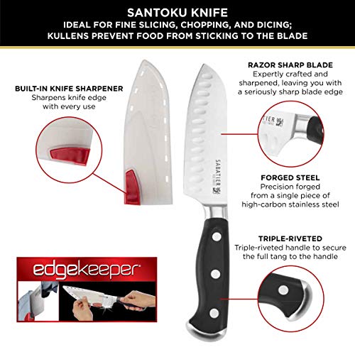 Sabatier Forged Triple-Rivet Santoku Knife with Self-Sharpening Blade Cover, High-Carbon Stainless Steel Knife, Razor-Sharp Kitchen Knife to Cut Fruit, Vegetables and more- 5-Inch, Black