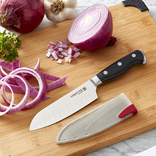 Sabatier Forged Triple-Rivet Santoku Knife with Self-Sharpening Blade Cover, High-Carbon Stainless Steel Knife, Razor-Sharp Kitchen Knife to Cut Fruit, Vegetables and more- 5-Inch, Black