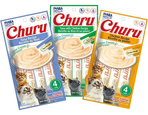 INABA Churu Lickable Creamy Purée Cat Treats 3 Flavor Variety Pack of 12 Tubes