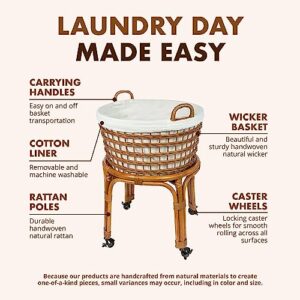 KOUBOO Rolling Wicker Laundry Basket, Handwoven Wicker Hamper with Removable Cotton Liner, Stand, & Locking Caster Wheels, Honey Brown