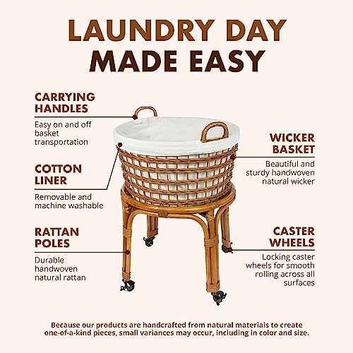 KOUBOO Rolling Wicker Laundry Basket, Handwoven Wicker Hamper with Removable Cotton Liner, Stand, & Locking Caster Wheels, Honey Brown