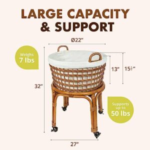 KOUBOO Rolling Wicker Laundry Basket, Handwoven Wicker Hamper with Removable Cotton Liner, Stand, & Locking Caster Wheels, Honey Brown