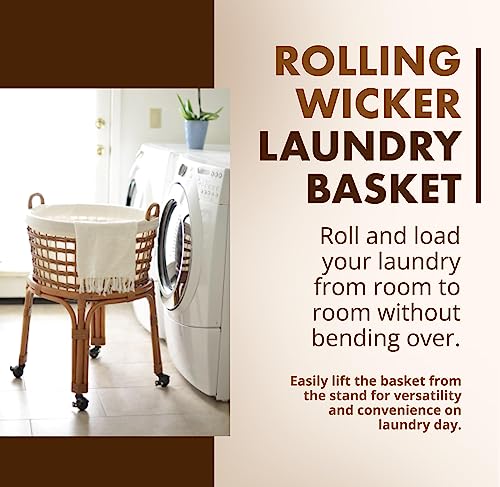 KOUBOO Rolling Wicker Laundry Basket, Handwoven Wicker Hamper with Removable Cotton Liner, Stand, & Locking Caster Wheels, Honey Brown