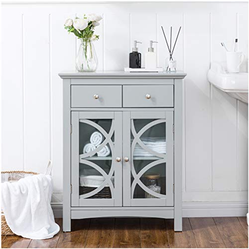 glitzhome 32.5 Inch Free Standing Storage Cabinet Wooden Floor Cabinet Accent Display with Double Doors and Drawer Bathroom Furniture Grey