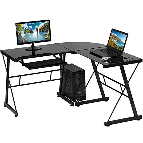 L Shaped Computer Desk,Gaming Desk Home Office Corner Desk Toughened Glass Writing Study PC Modern Executive Table with Keyboard CPU Stand for Kids Student Women Men