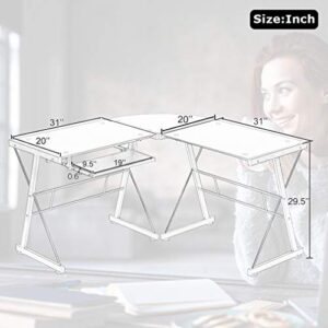 L Shaped Computer Desk,Gaming Desk Home Office Corner Desk Toughened Glass Writing Study PC Modern Executive Table with Keyboard CPU Stand for Kids Student Women Men