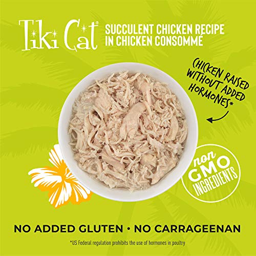 Tiki Cat Luau Shredded Meat, Succulent Chicken Recipe in Chicken Consumme, Grain-Free Balanced Nutrition Wet Canned Cat Food, For All Life Stages, 2.8 oz. Cans (Case of 12)