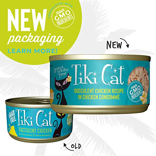 Tiki Cat Luau Shredded Meat, Succulent Chicken Recipe in Chicken Consumme, Grain-Free Balanced Nutrition Wet Canned Cat Food, For All Life Stages, 2.8 oz. Cans (Case of 12)