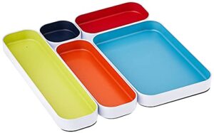 three by three seattle 5 piece shallow metal organizer tray set for storing makeup, stationery, utensils, and more in office desk, kitchen and bathroom drawers (1 inch, assorted colors)