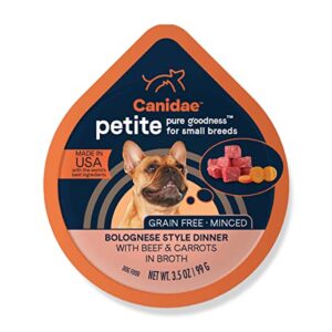 canidae pure petite grain free wet dog food for small breeds, minced bolognese style dinner with beef and carrots in broth, (12) 3.5 oz