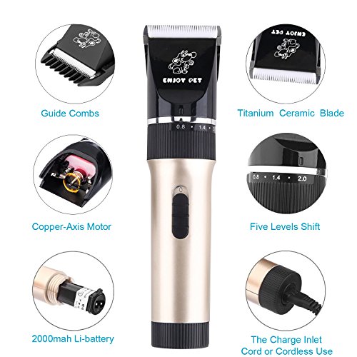 ENJOY PET Dog Clippers Cat Shaver, Professional Hair Grooming Clippers Detachable Blades Cordless Rechargeable with Guards, Combs for Dog Cat Small Animal, Quiet Animal Horse Clippers (Gold)