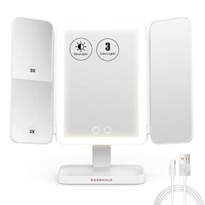 easehold lighted makeup mirror, rechargeable magnifying mirror with lights 1x/2x/3x, 3-color light trifold vanity mirror, 64 leds, adjustable brightness cosmetic mirror for tabletop, bathroom, white