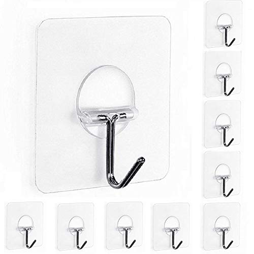 Fealkira Adhesive Wall Hooks 13.2lb(Max) Utility Stainless Steel Hook for Towel Bathrobe Coats,Bathroom Kitchen Waterproof and Oilproof Nail Free Transparent Heavy Duty Hook & Ceiling Hanger(10pcs)