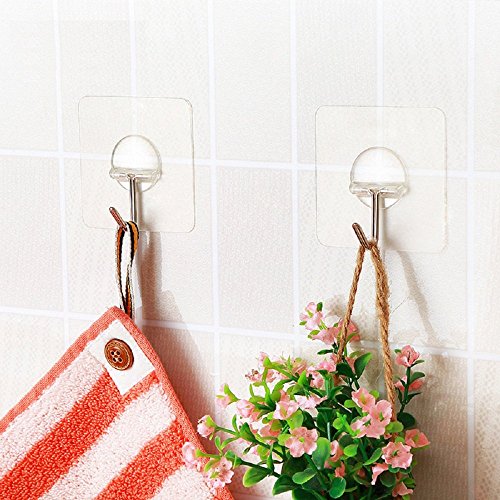 Fealkira Adhesive Wall Hooks 13.2lb(Max) Utility Stainless Steel Hook for Towel Bathrobe Coats,Bathroom Kitchen Waterproof and Oilproof Nail Free Transparent Heavy Duty Hook & Ceiling Hanger(10pcs)