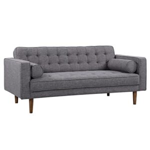 armen living element loveseat in dark grey linen and walnut wood finish, 67 x 30 x 34