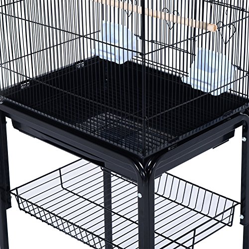 PawHut 60" Metal Indoor Bird Cage Starter Kit with Detachable Rolling Stand, Storage Basket, and Accessories, Black