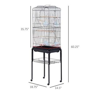 PawHut 60" Metal Indoor Bird Cage Starter Kit with Detachable Rolling Stand, Storage Basket, and Accessories, Black