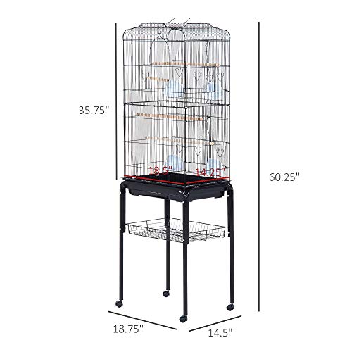 PawHut 60" Metal Indoor Bird Cage Starter Kit with Detachable Rolling Stand, Storage Basket, and Accessories, Black