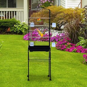 PawHut 60" Metal Indoor Bird Cage Starter Kit with Detachable Rolling Stand, Storage Basket, and Accessories, Black