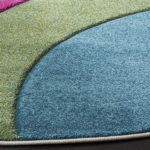 SAFAVIEH Hollywood Collection 6'7" Round Peacock Blue / Fuchsia HLW706C Mid-Century Modern Non-Shedding Dining Room Entryway Foyer Living Room Bedroom Area Rug