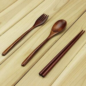 Wooden Spoon and Fork Set, Flatware Set, AOOSY Nanmu Wood Fork Spoon Chopsticks Travel Flatware Set Tableware with Bag, Brown Color