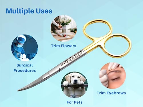 Scissors 4.5 inches Curved with Tungsten Carbide Inserts| Gold Plated Handle Extra Sharp and Durable by ARTMAN INSTRUMENTS