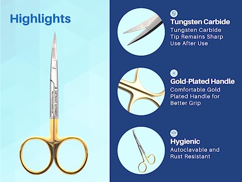 Scissors 4.5 inches Curved with Tungsten Carbide Inserts| Gold Plated Handle Extra Sharp and Durable by ARTMAN INSTRUMENTS