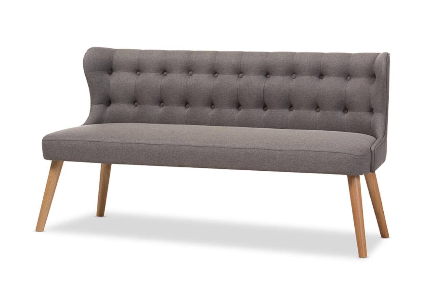 Baxton Studio Melody Mid-Century Modern Grey Fabric and Natural Wood Finishing 3-Seater Settee Bench