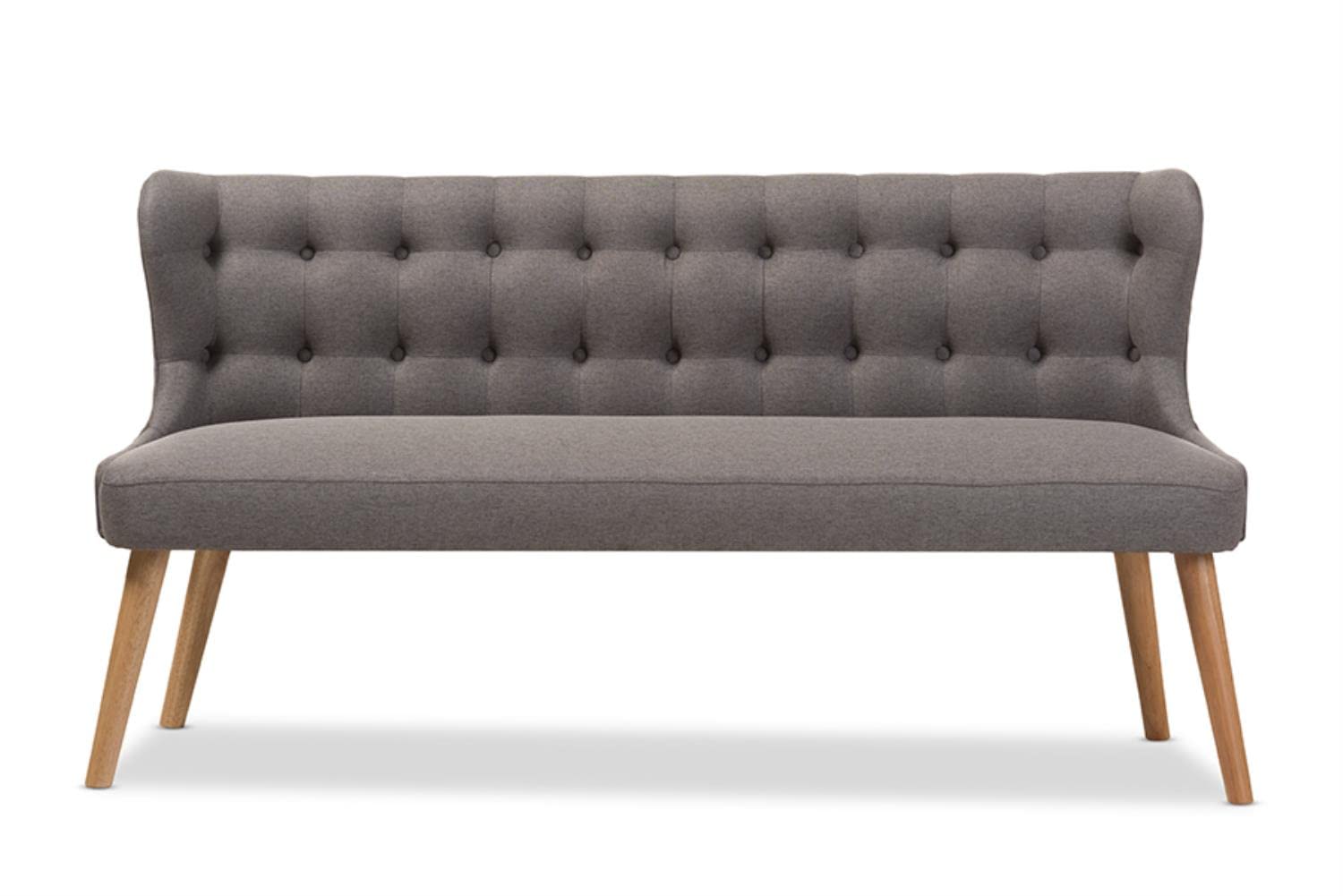 Baxton Studio Melody Mid-Century Modern Grey Fabric and Natural Wood Finishing 3-Seater Settee Bench