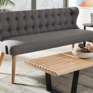 Baxton Studio Melody Mid-Century Modern Grey Fabric and Natural Wood Finishing 3-Seater Settee Bench