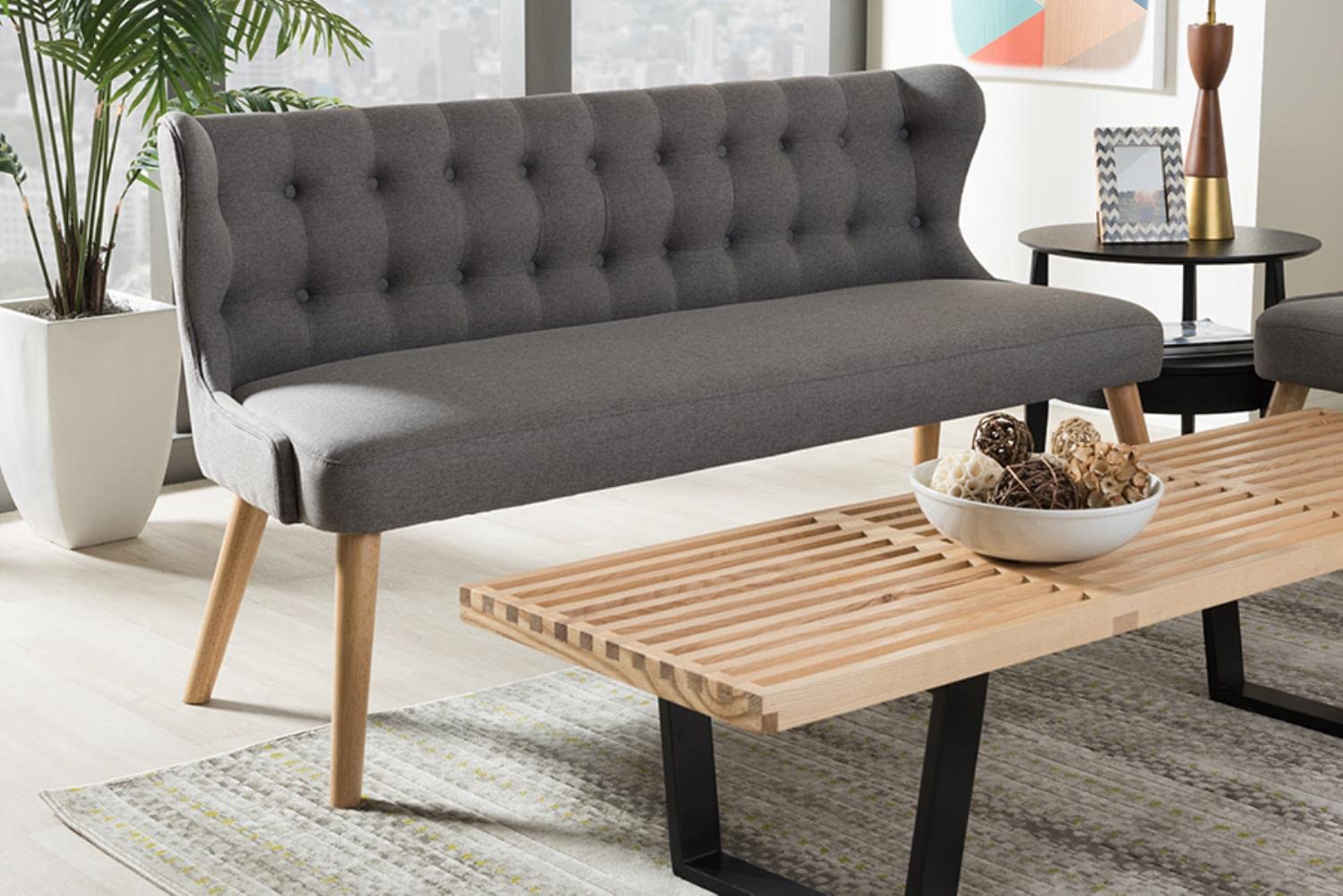 Baxton Studio Melody Mid-Century Modern Grey Fabric and Natural Wood Finishing 3-Seater Settee Bench