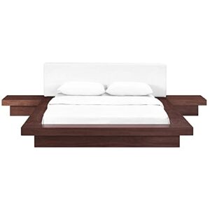 Modway Freja Faux Leather Upholstered Platform Queen Size Bed and 2 Nightstands in Walnut White